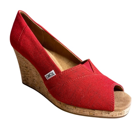 Toms | Shoes | Toms Womens Classic Red Espadrille Wedge Sandal Peep Toe ...